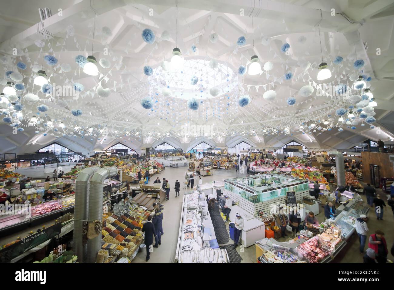 MOSCOW - JAN 19, 2017: Shopping rows with meat, fish, fruit, spices ...