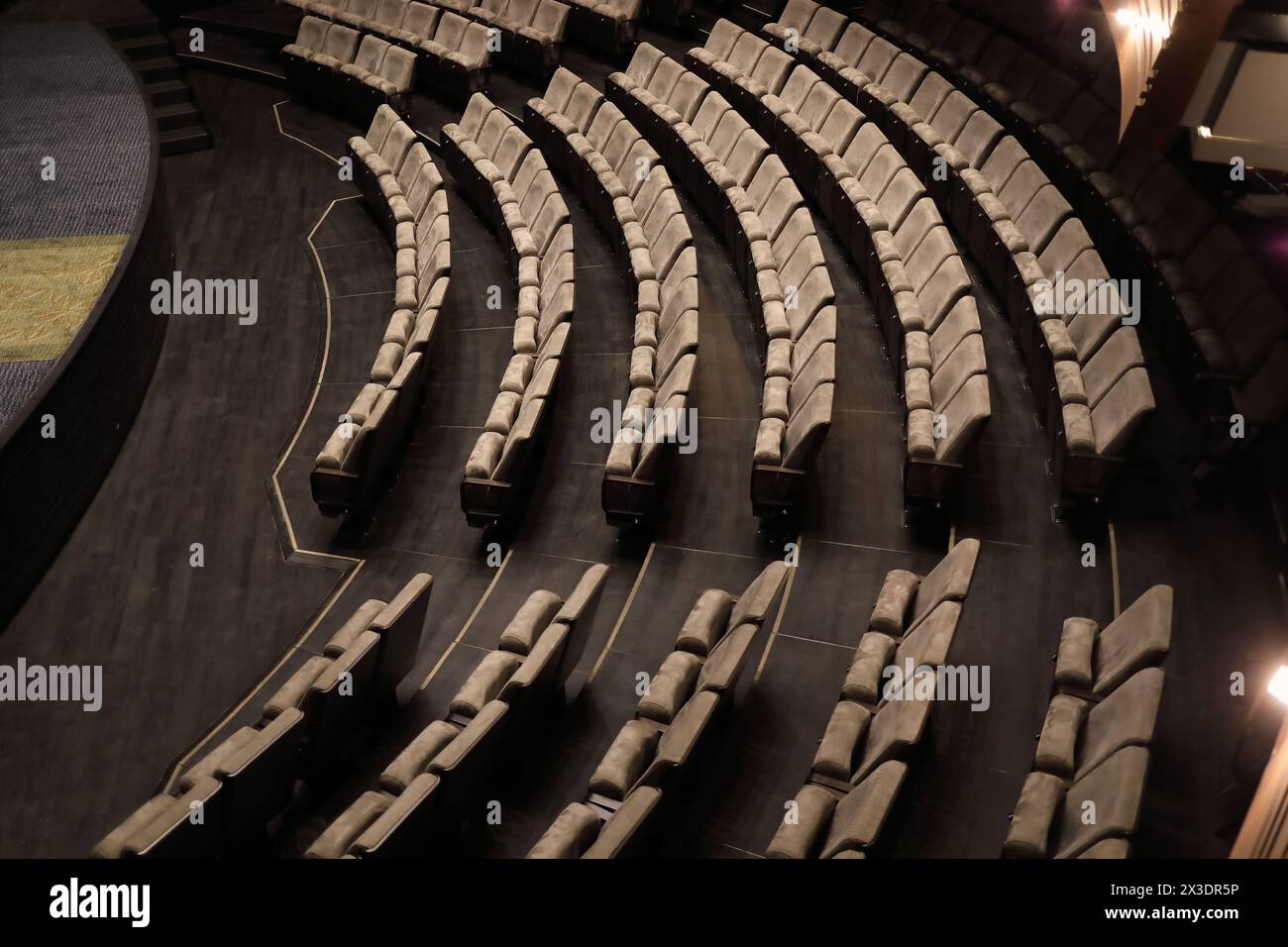 A small auditorium with rows of gray soft chairs, top view Stock Photo ...