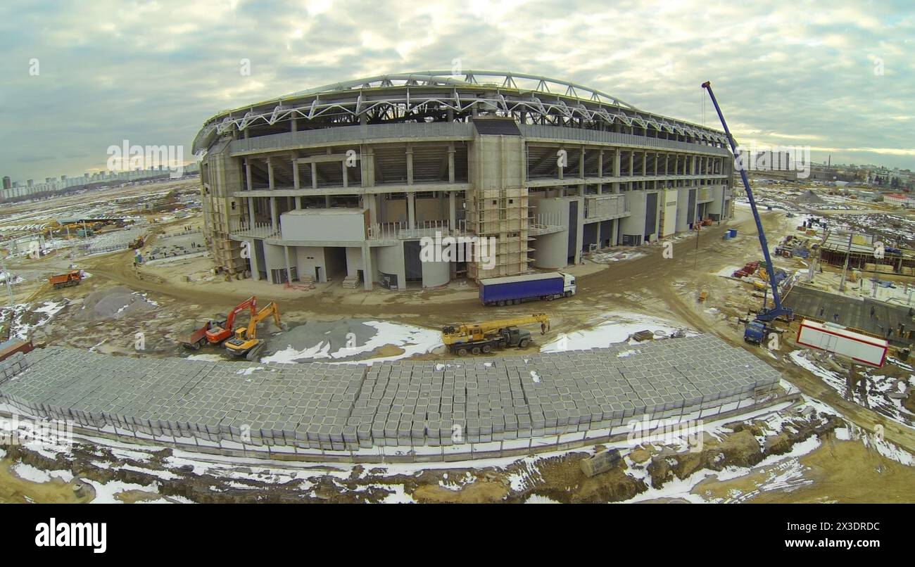 Cityscape from the construction site of a football stadium, aerial view ...