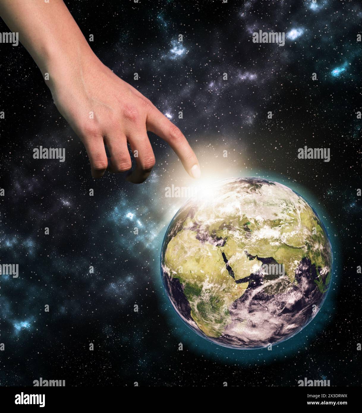 Female hand reaching out to the globe in space, collage. Elements of ...