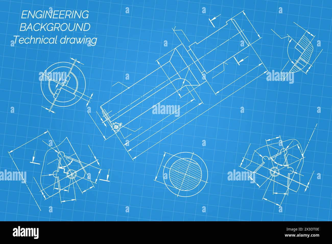Mechanical engineering drawings on blue background. Tap tools, borer ...
