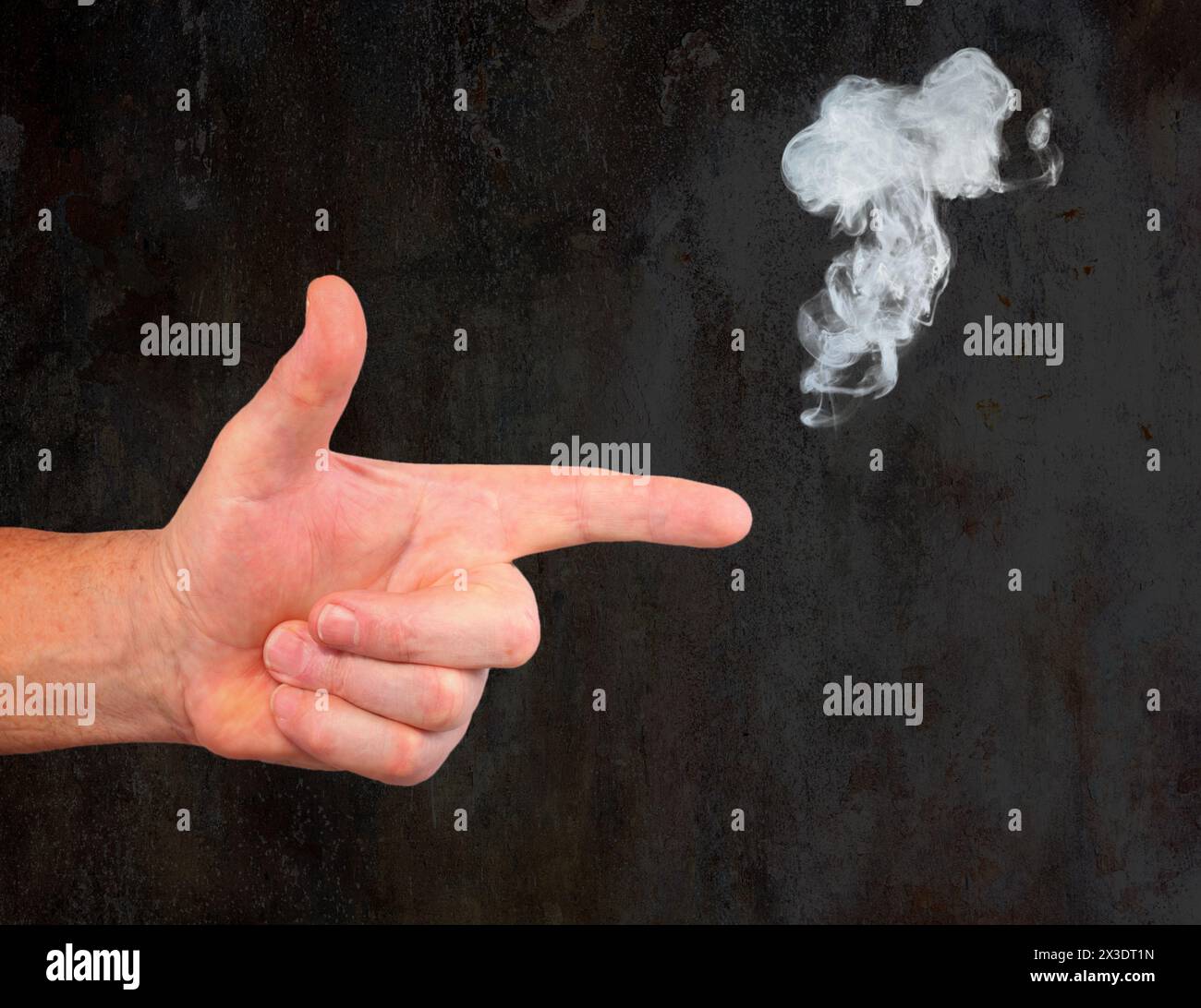 Hand in the form of a pistol, smoke comes from the finger, collage ...