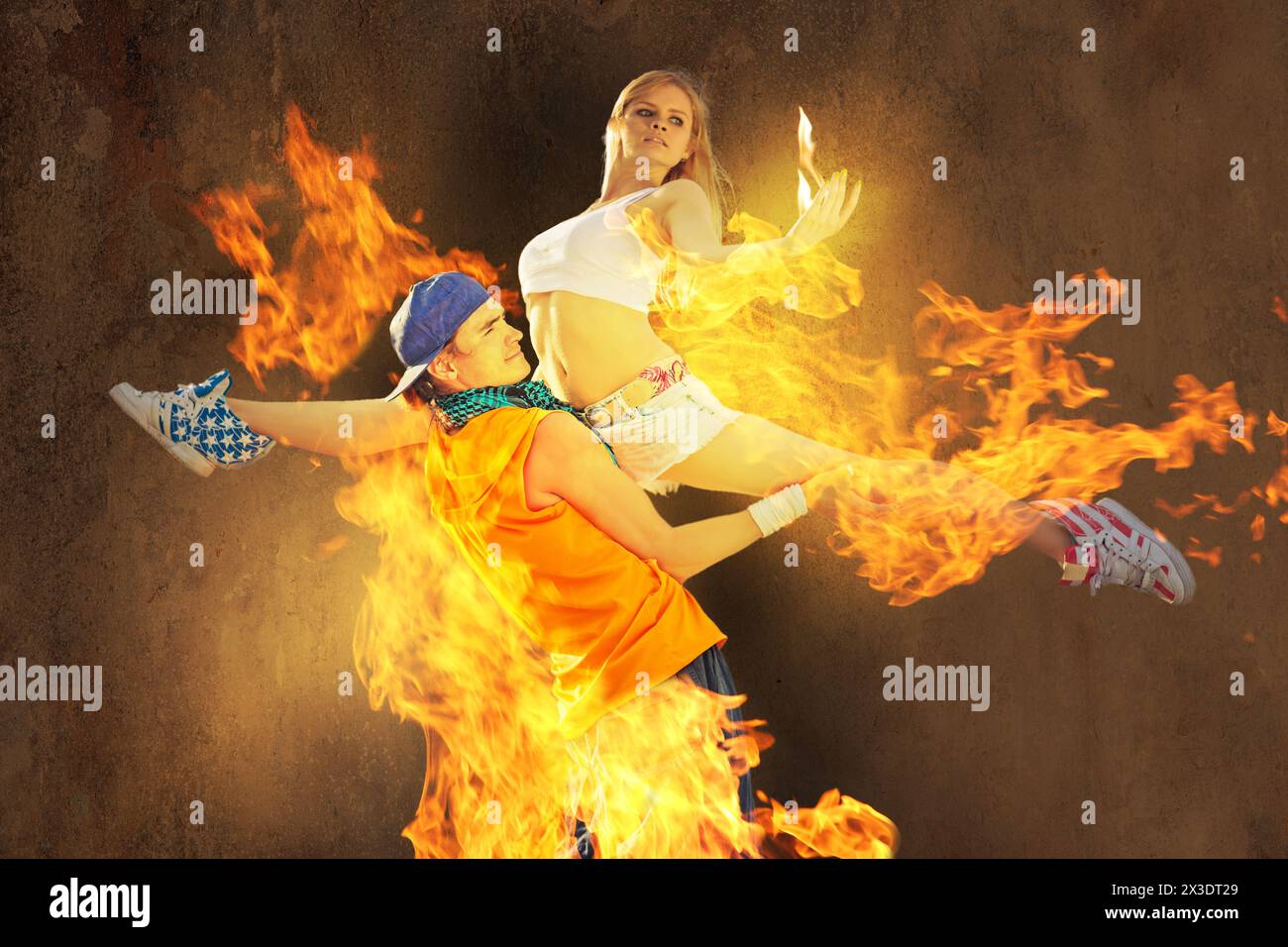 Two young street dancers dancing on fire, collage Stock Photo - Alamy