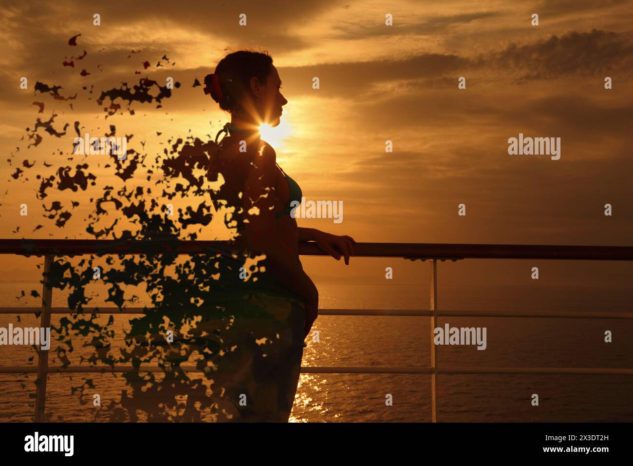 Woman on the deck splits into pieces at sunset, collage Stock Photo - Alamy
