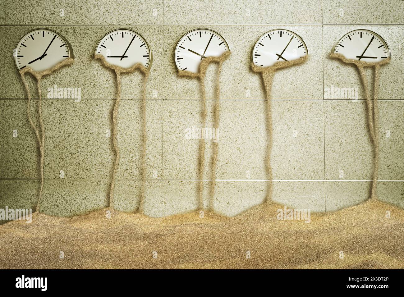 Clock on the wall turns into sand, concept of transience of time ...
