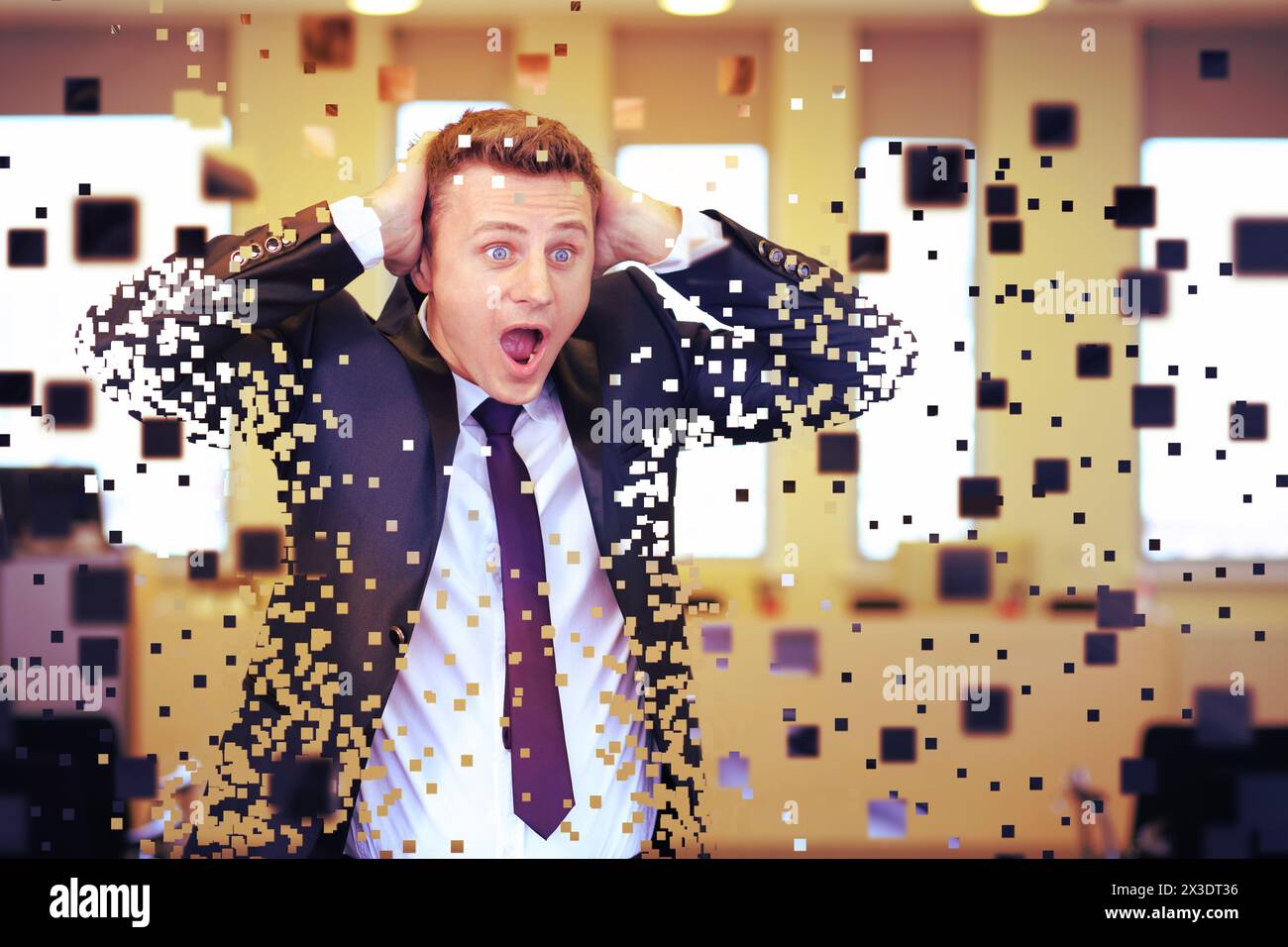 Emotional businessman splits into pixels in office, collage Stock Photo ...