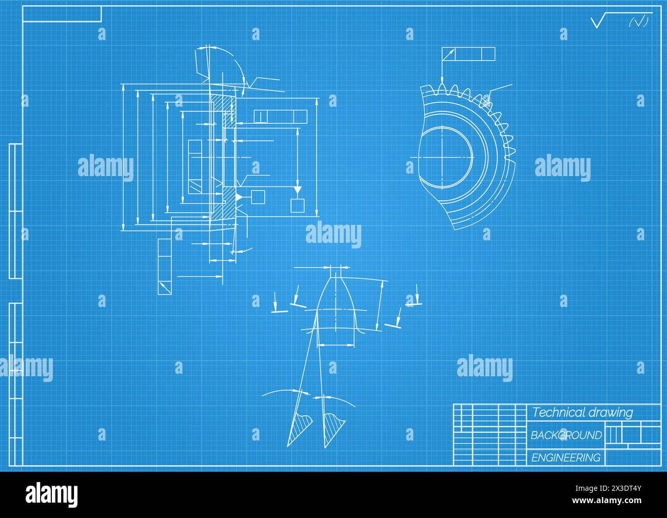 Mechanical engineering drawings on blue background. Gear cutting tool ...