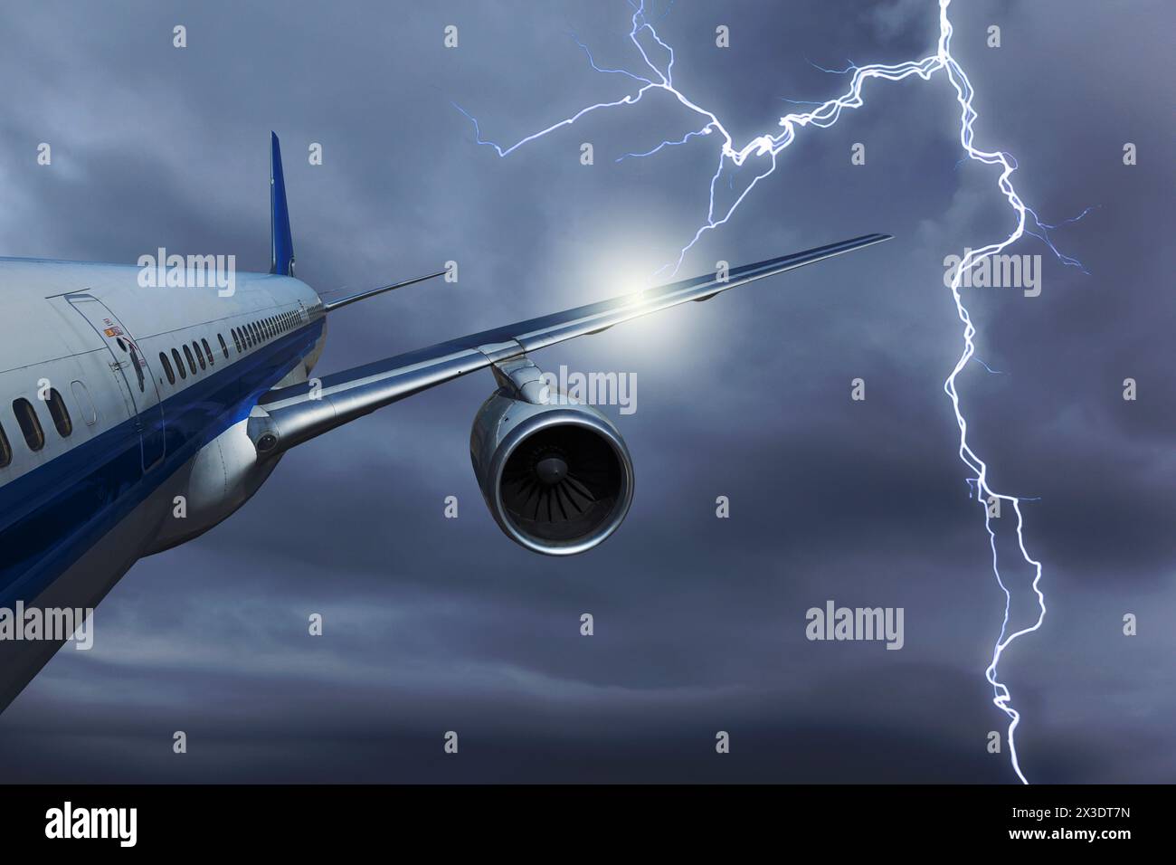 Lightning hits the wing of an airplane, collage Stock Photo - Alamy