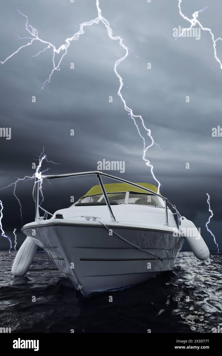 Lonely boat hit the storm with a thunderstorm, collage Stock Photo - Alamy