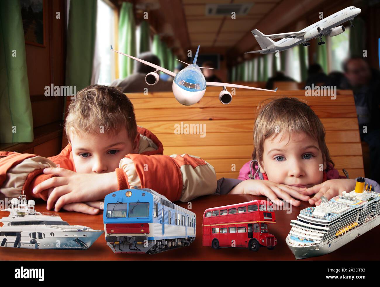 Boy and girl sits in train, around them are different types of ...
