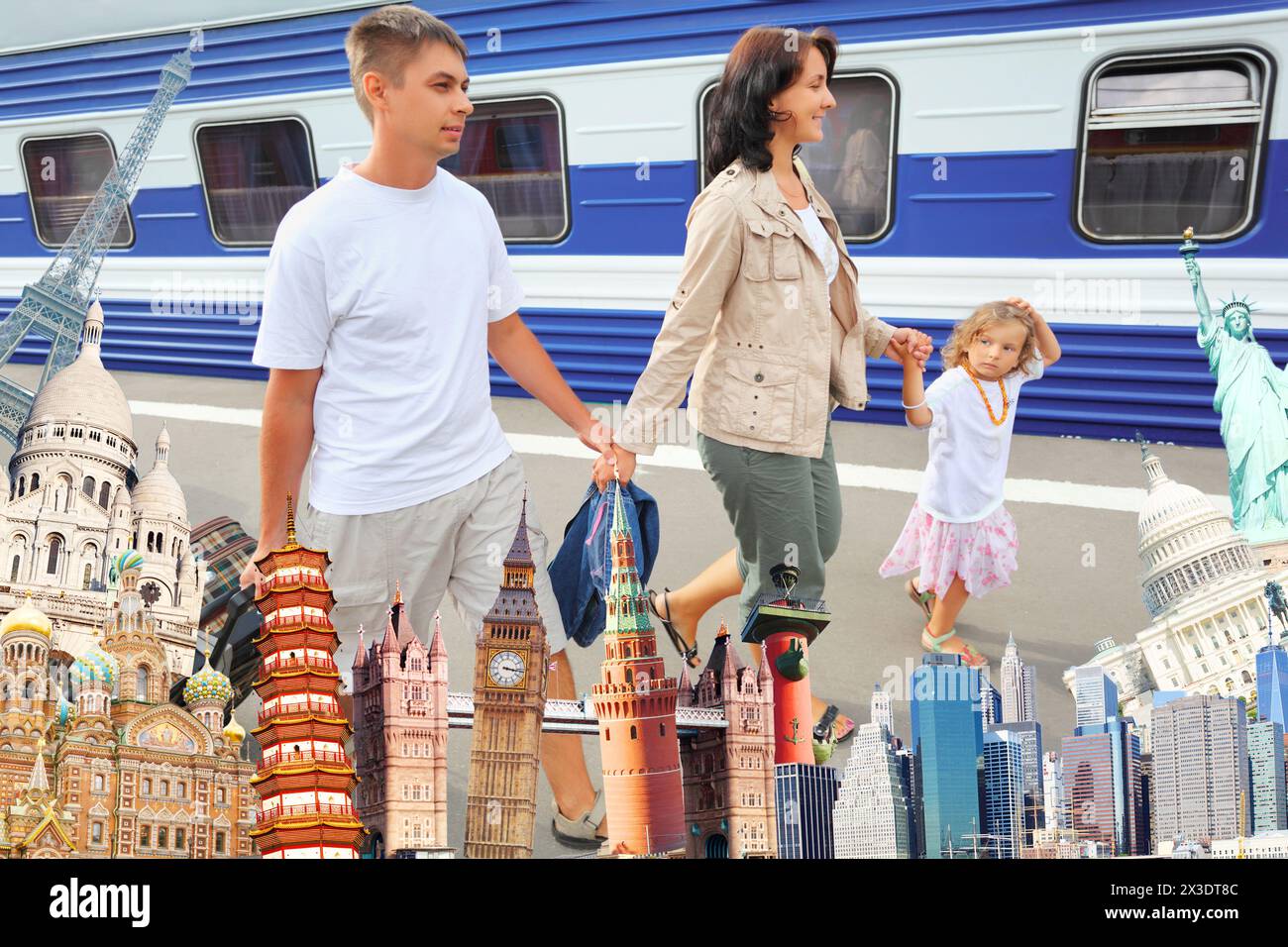 Family of three on platform surrounded by world attractions, collage ...