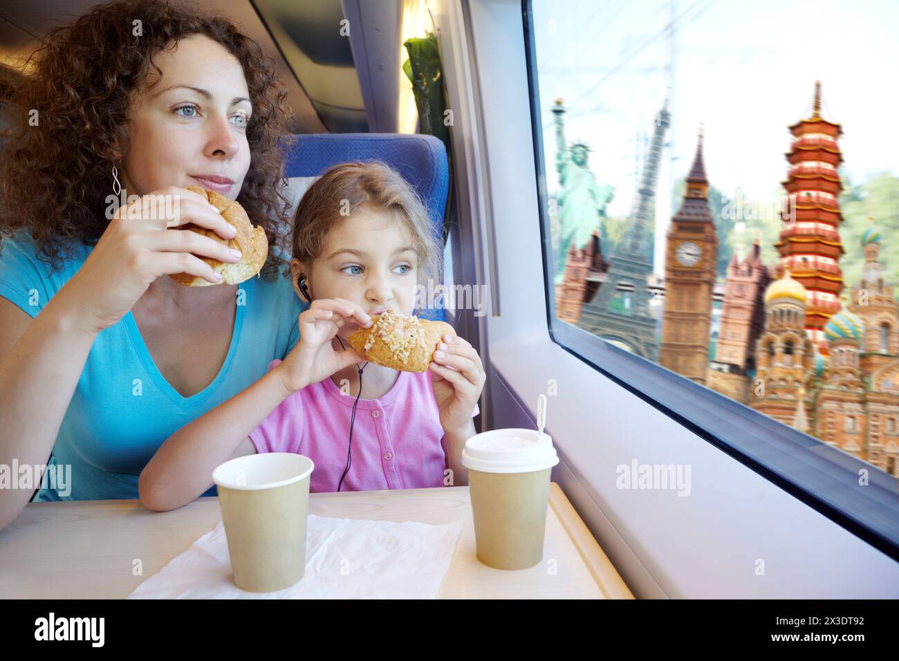 Mother and daughter lunch and look out the window with sights, collage ...