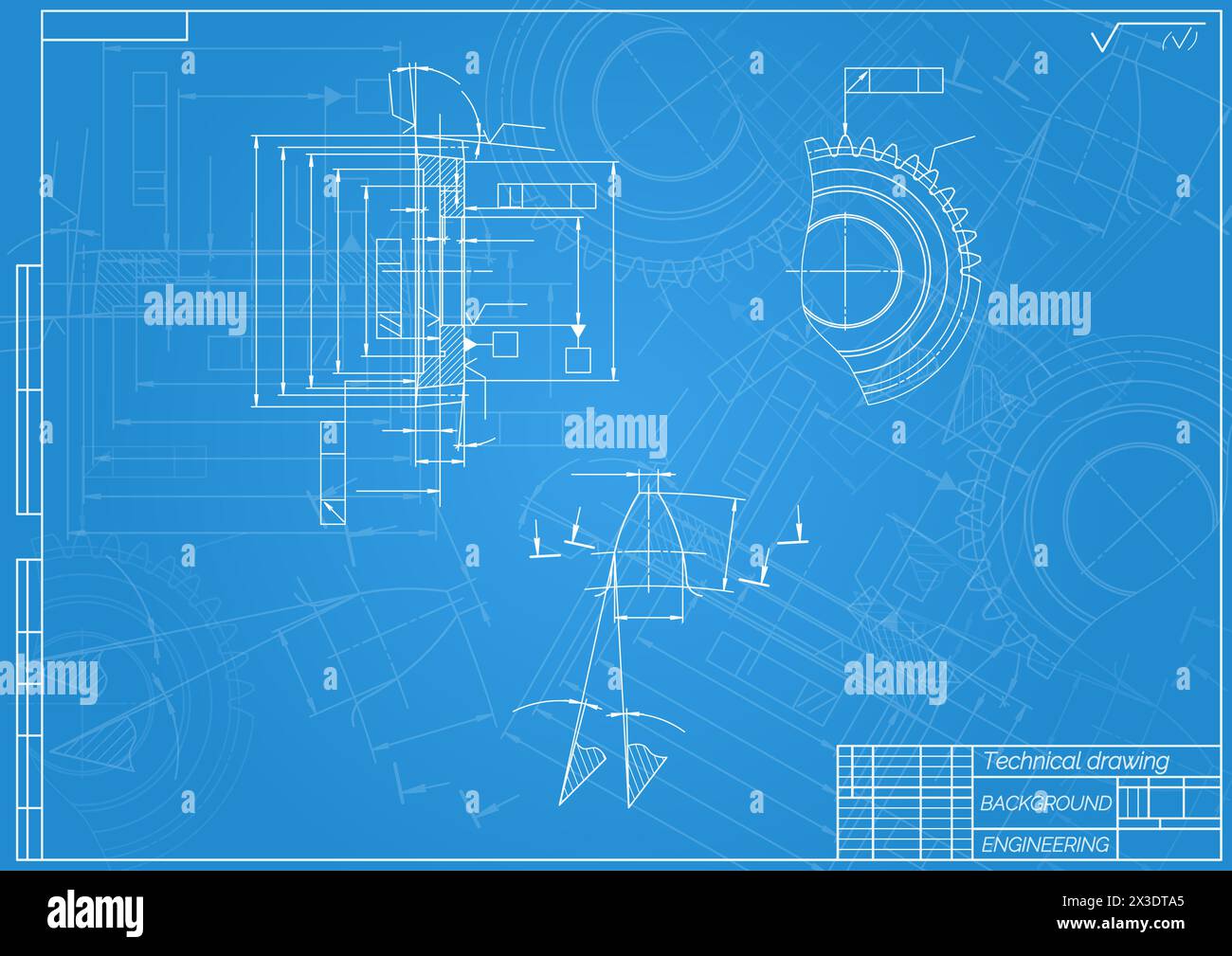 Mechanical engineering drawings on blue background. Gear cutting tool ...