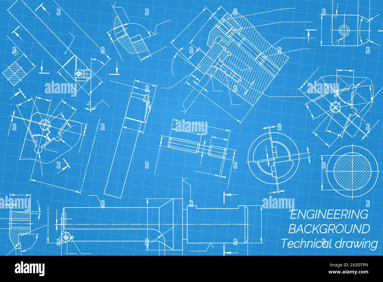 Mechanical engineering drawings on blue background. Tap tools, borer ...
