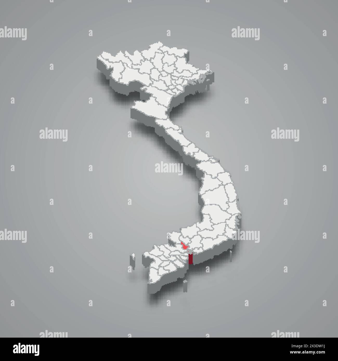 Ho Chi Minh City region highlighted in red on a grey Vietnam 3d map ...