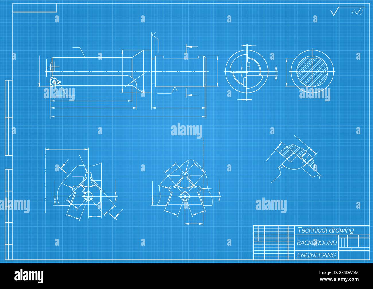 Mechanical engineering drawings on blue background. Tap tools, borer ...