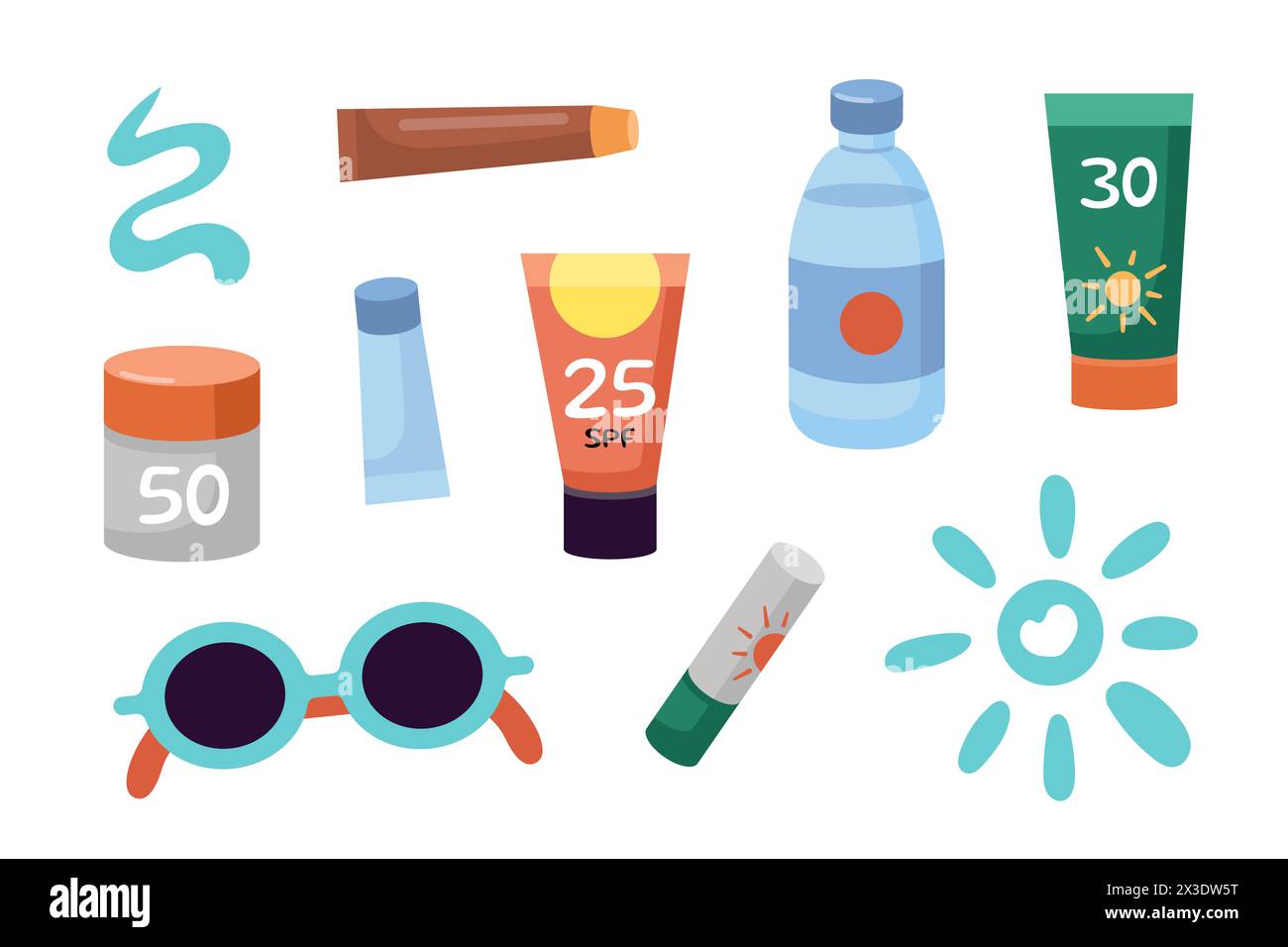 Sun protection tips set. Sunscreen bottles, jars, tubes. Strokes of ...