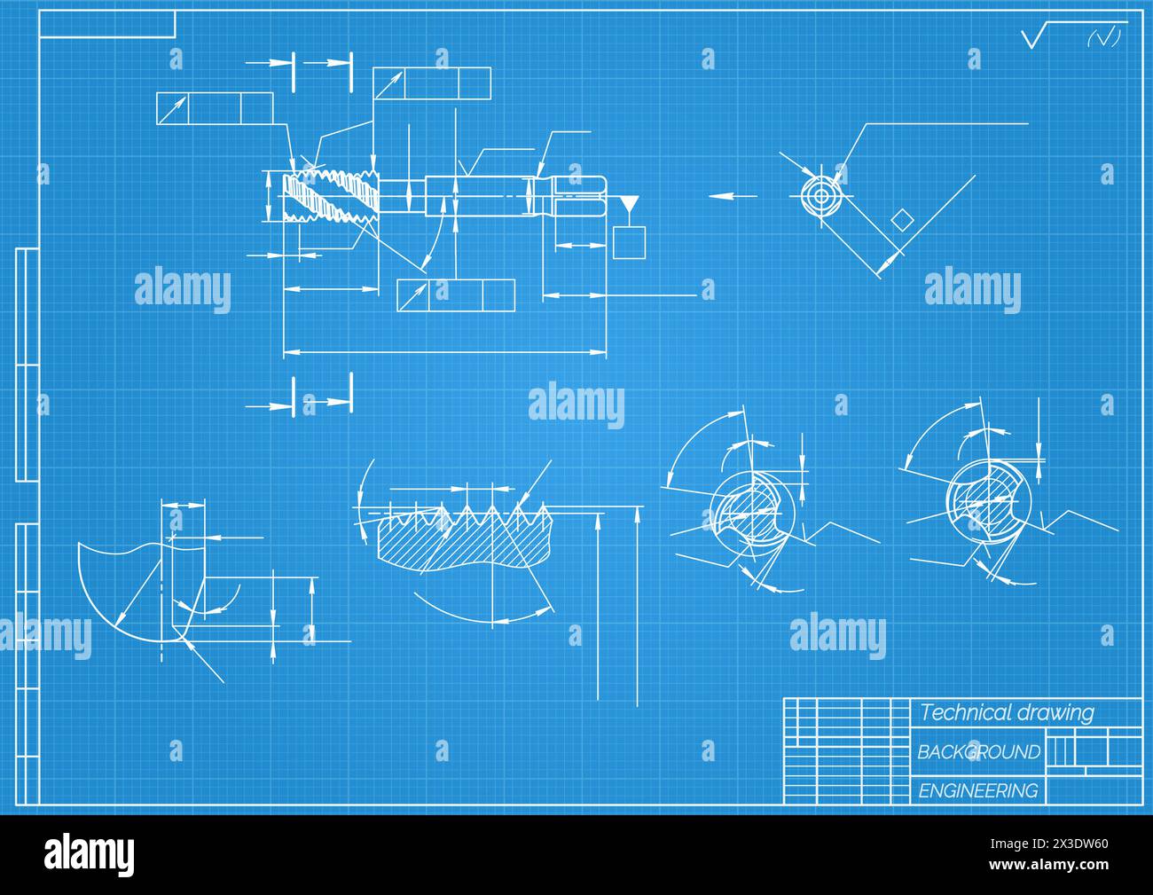 Mechanical engineering drawings on blue background. Tap tools, borer ...