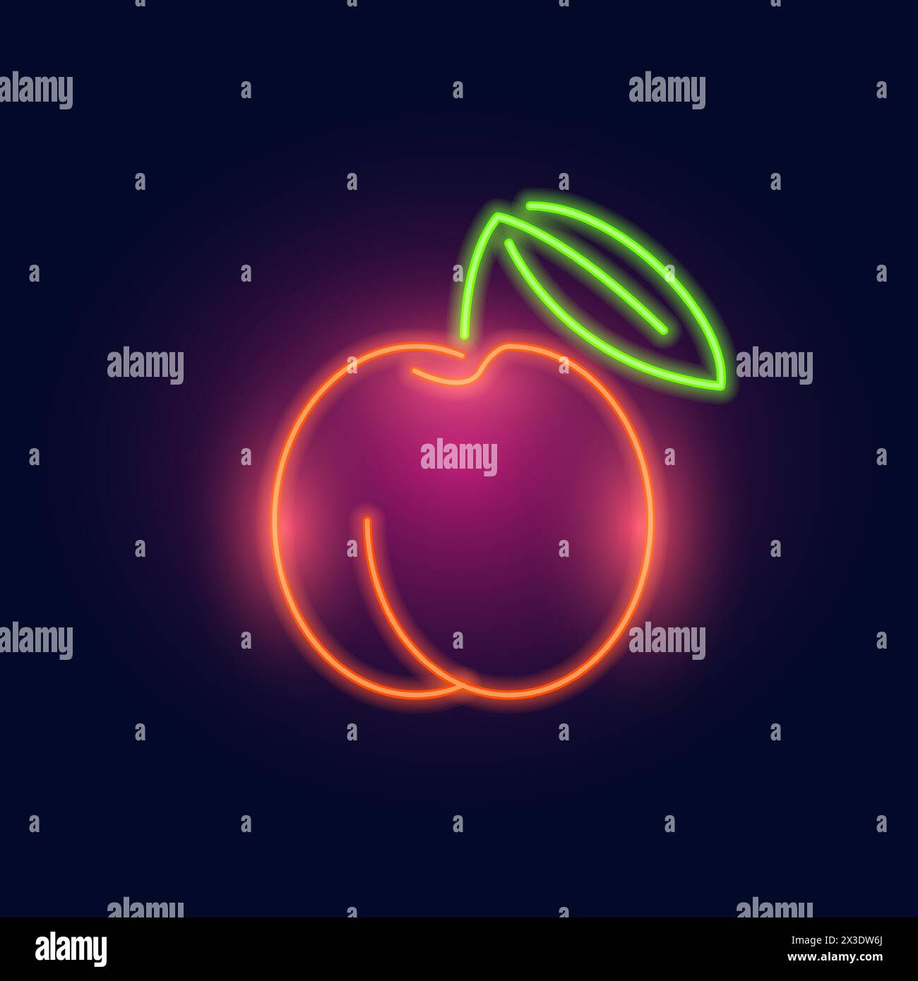 Fashion peach, neon sign. Night bright signboard, Glowing light fruit ...