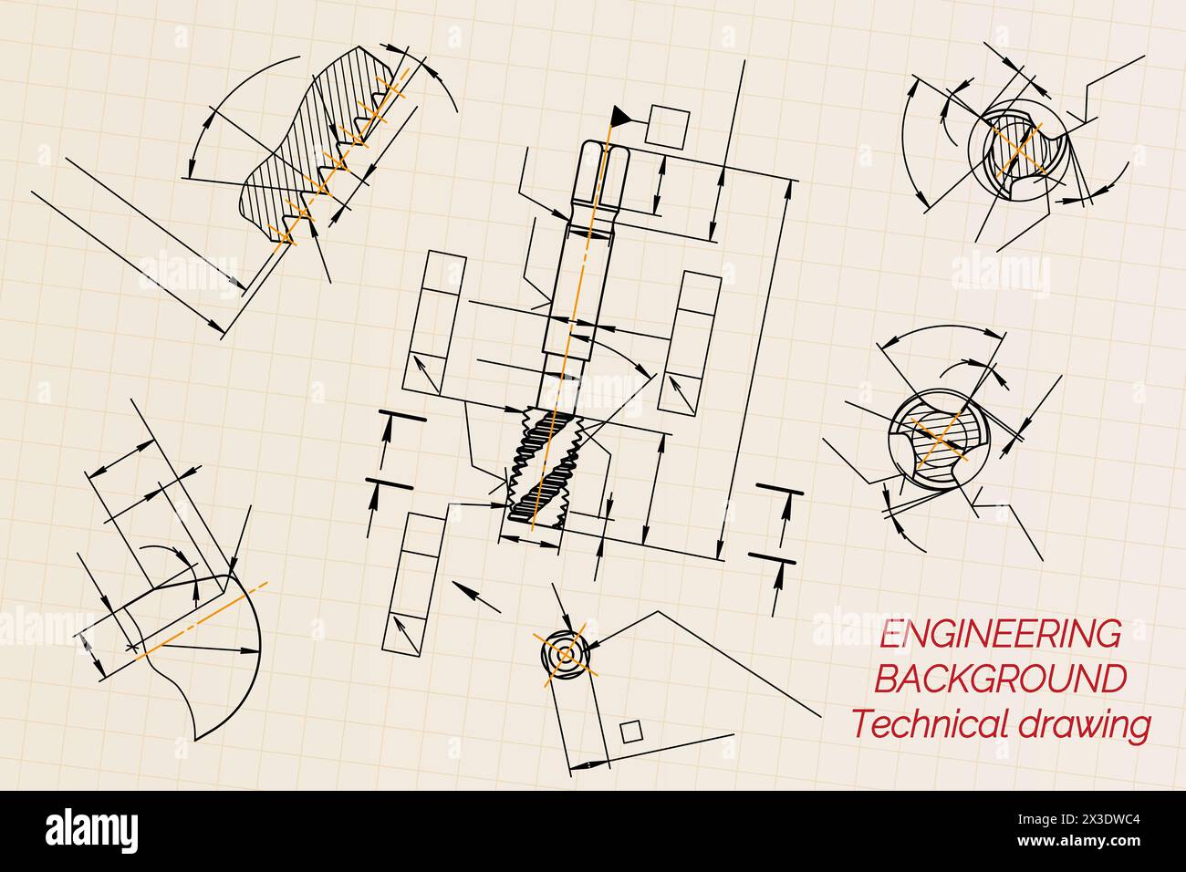 Mechanical engineering drawings on light background. Tap tools, borer ...