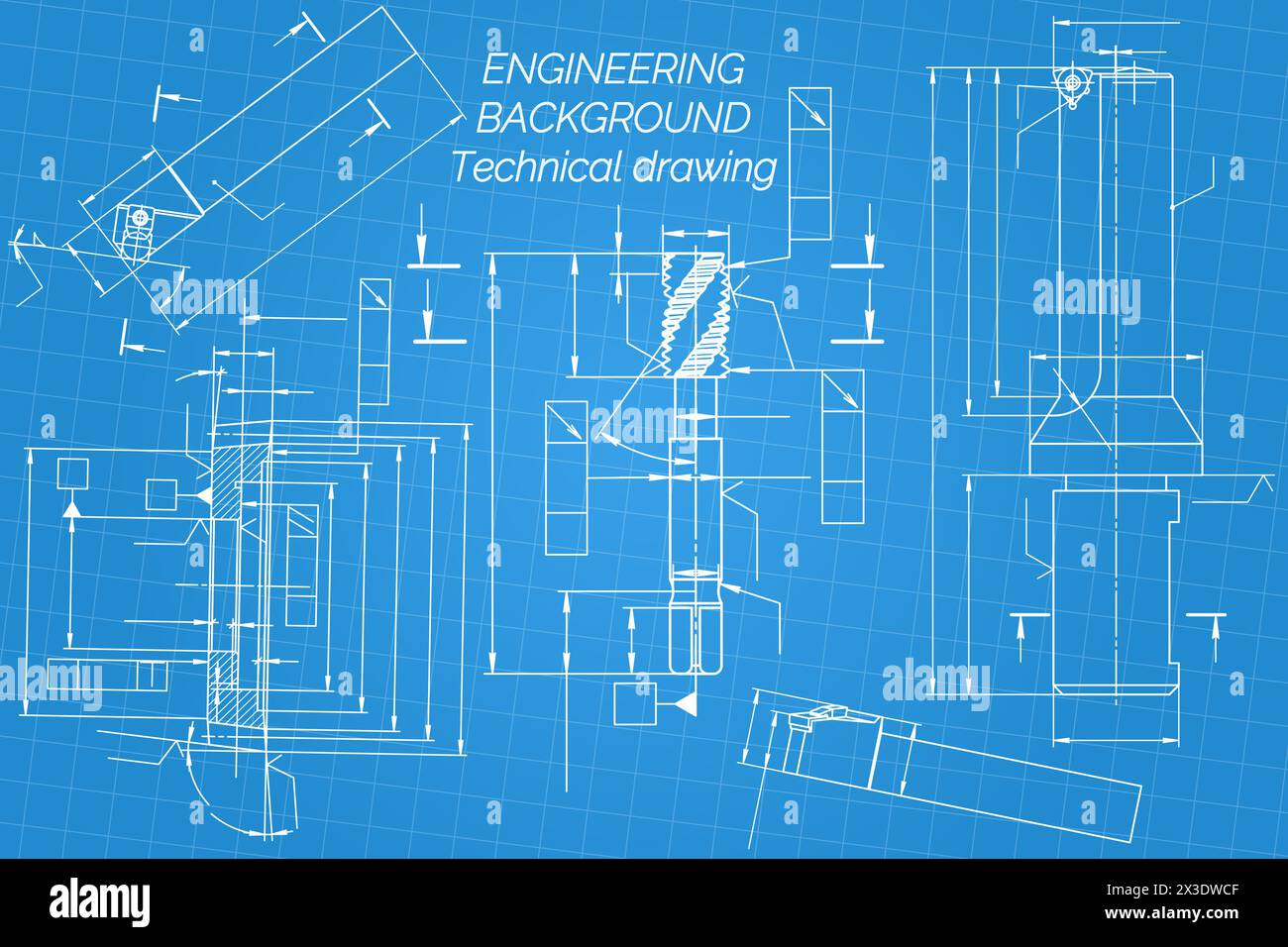 Mechanical engineering drawings on blue background. Tap tools, borer ...
