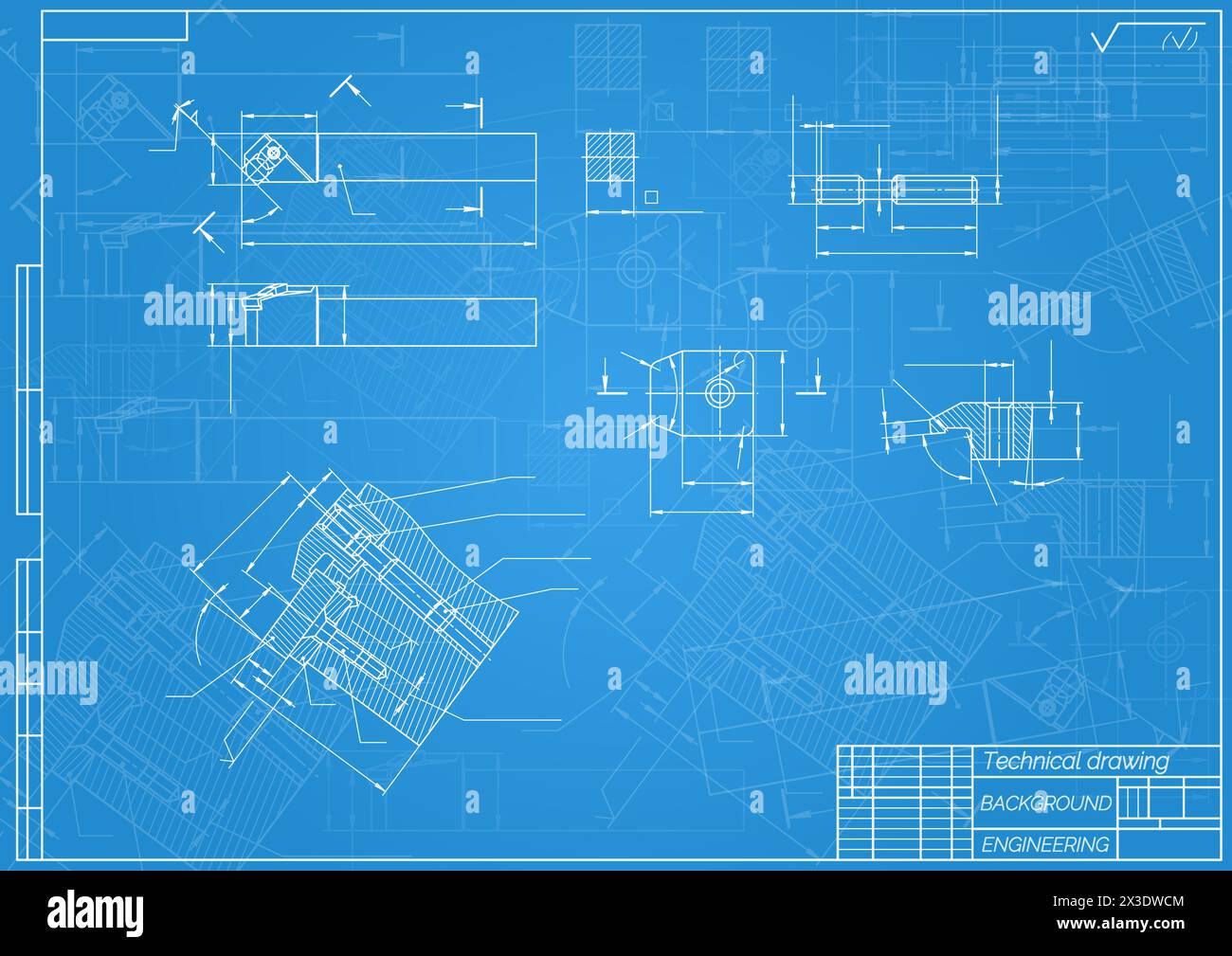 Mechanical engineering drawings on blue background. Cutter, assembly ...
