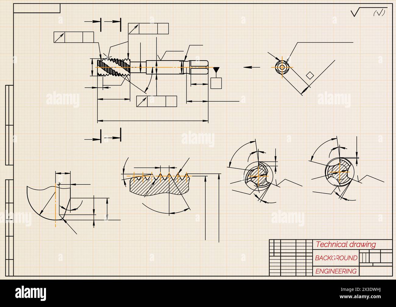 Mechanical engineering drawings on light background. Tap tools, borer ...