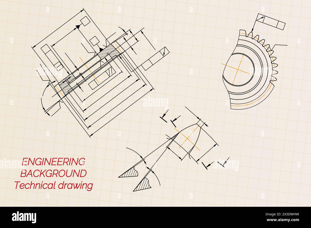 Mechanical engineering drawings on light background. Gear cutting tool ...