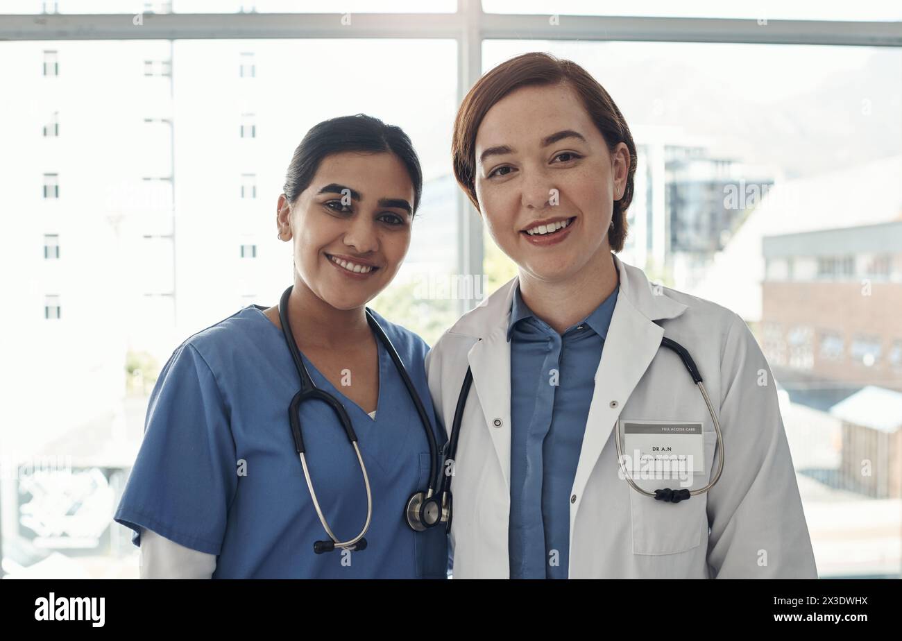 Portrait, women and doctors in hospital, teamwork and confidence with ...