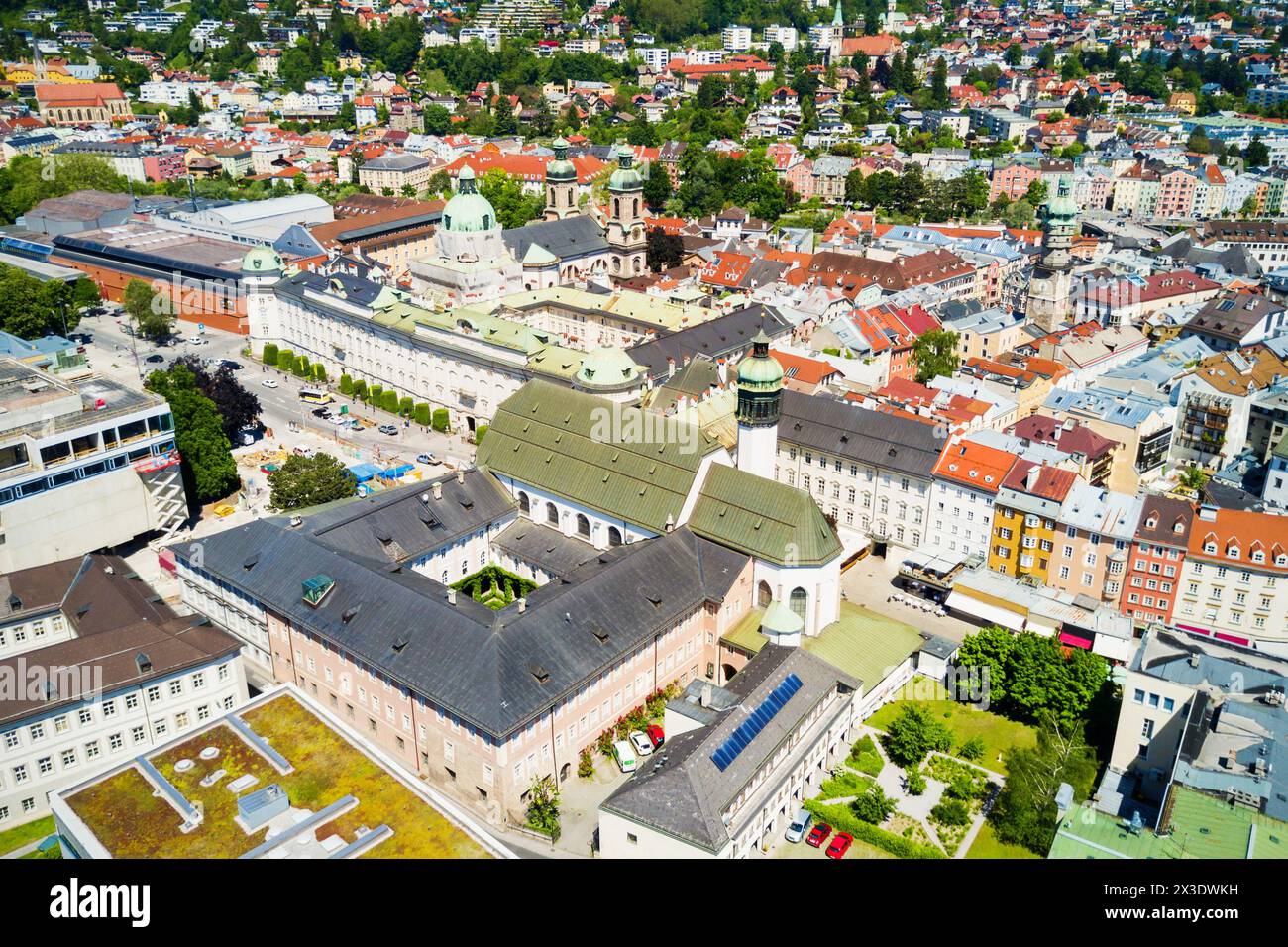 Innsbruck city centre aerial panoramic view. Innsbruck is the capital ...