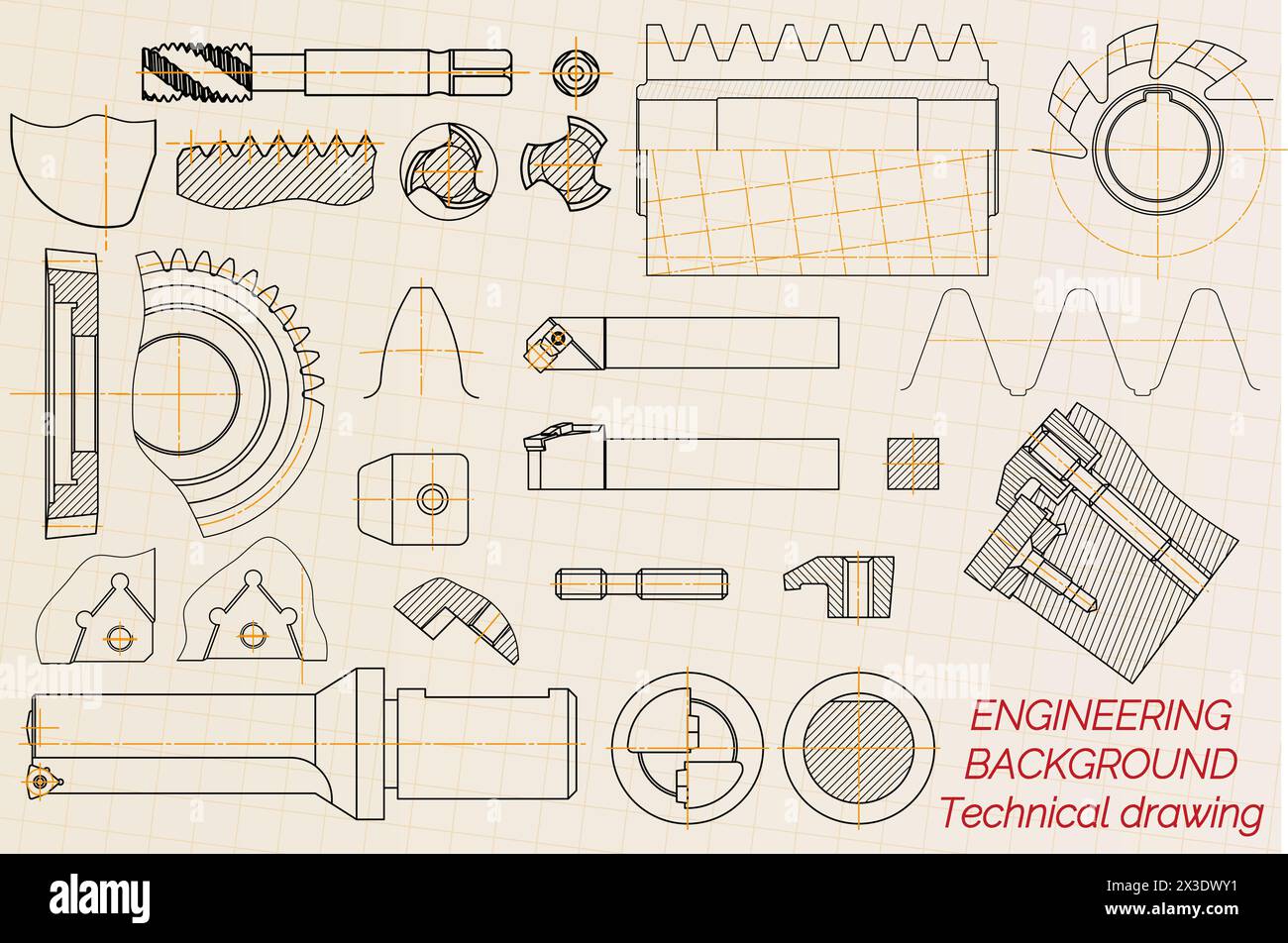 Mechanical engineering drawings on light background. Tap tools, borer ...