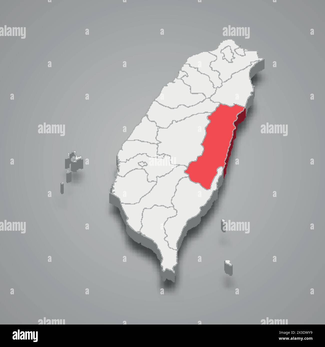 Hualien County division highlighted in red on a grey Taiwan 3d map ...