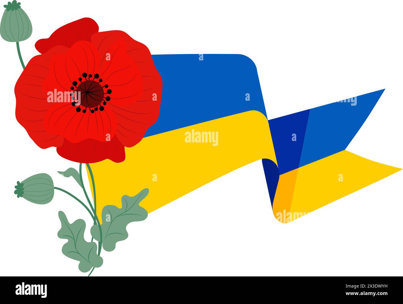 Ukraine yellow and blue flag with Red poppy flower. Vector illustration ...
