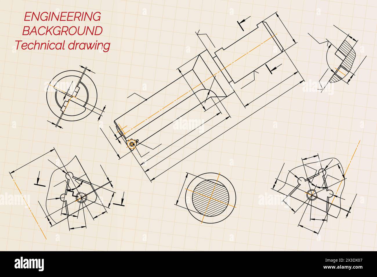 Mechanical engineering drawings on light background. Tap tools, borer ...