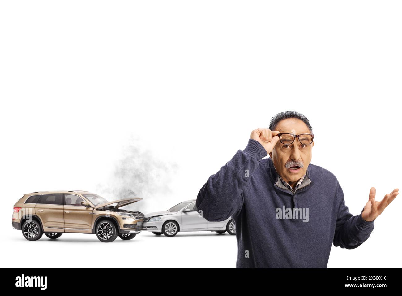 Shocked mature man witnessing a car accident isolated on white ...