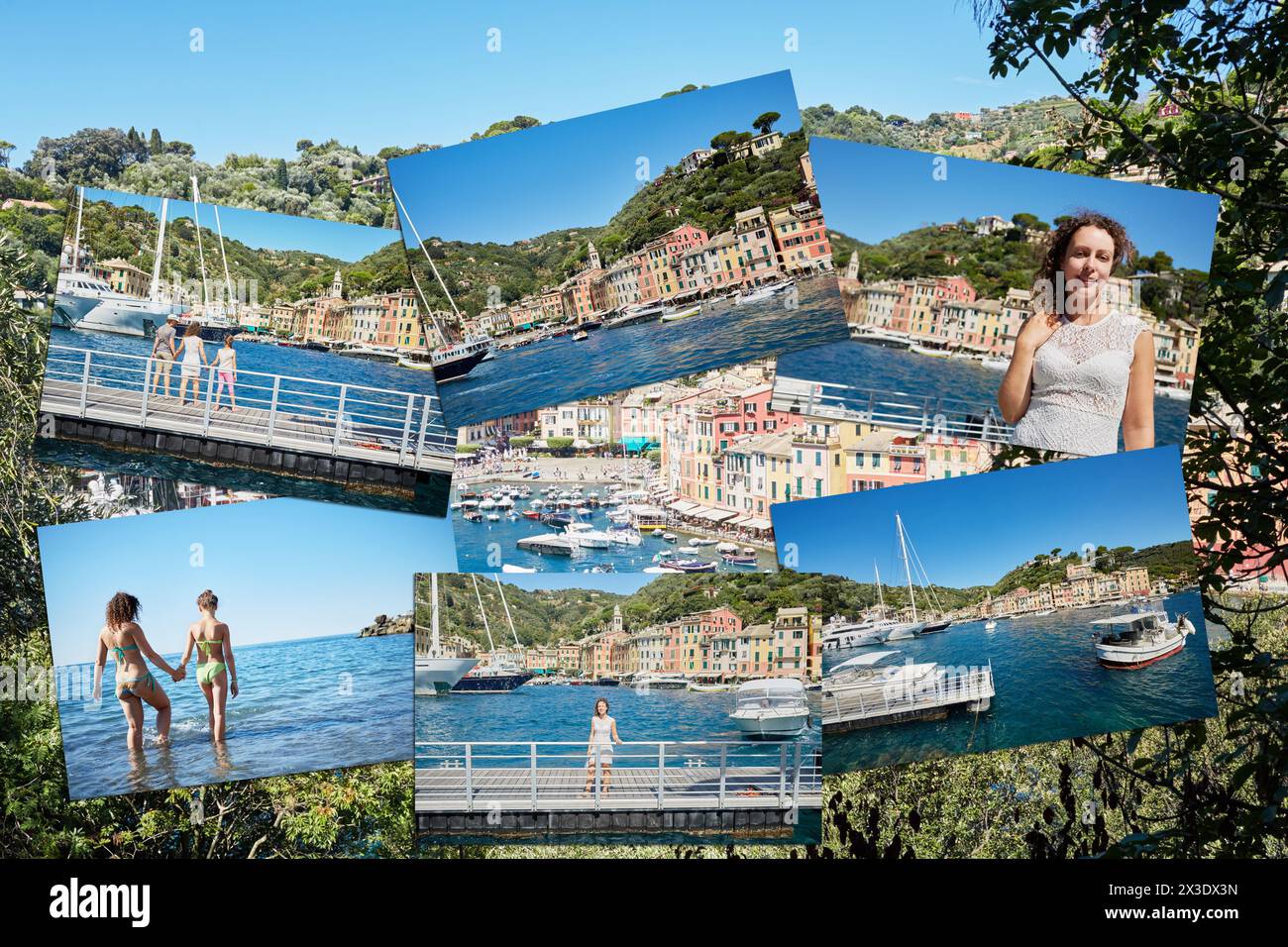 Family vacation in Portofino, mother and two children, collage Stock ...