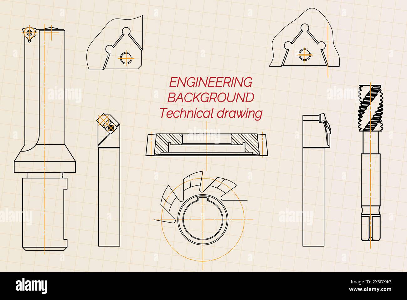 Mechanical engineering drawings on light background. Tap tools, borer ...