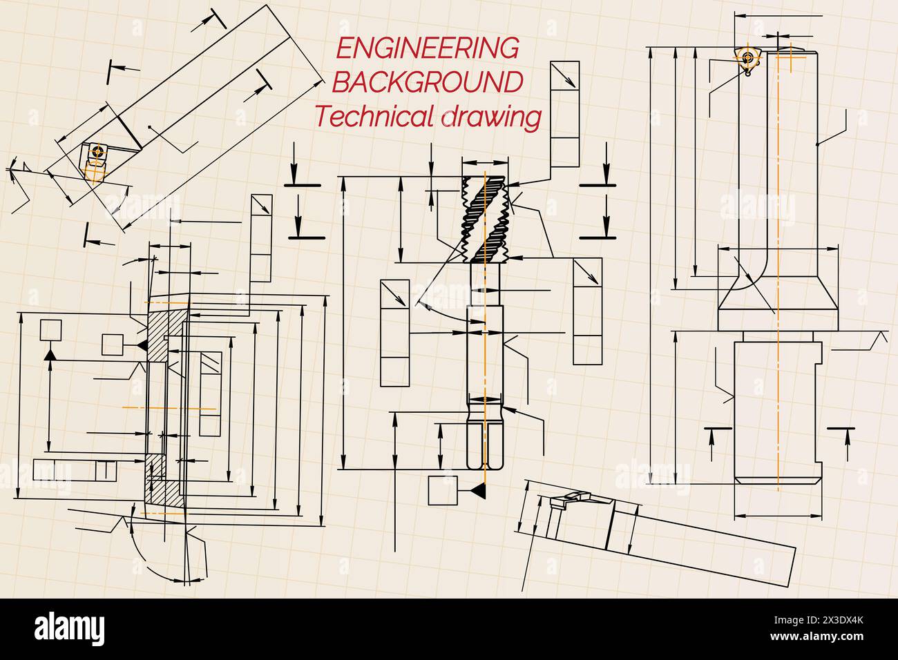 Mechanical engineering drawings on light background. Tap tools, borer ...