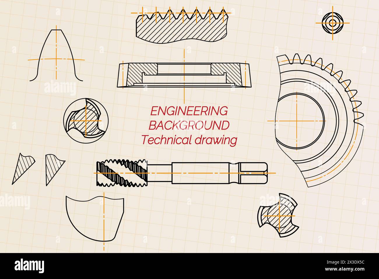 Mechanical engineering drawings on light background. Tap tools, borer ...