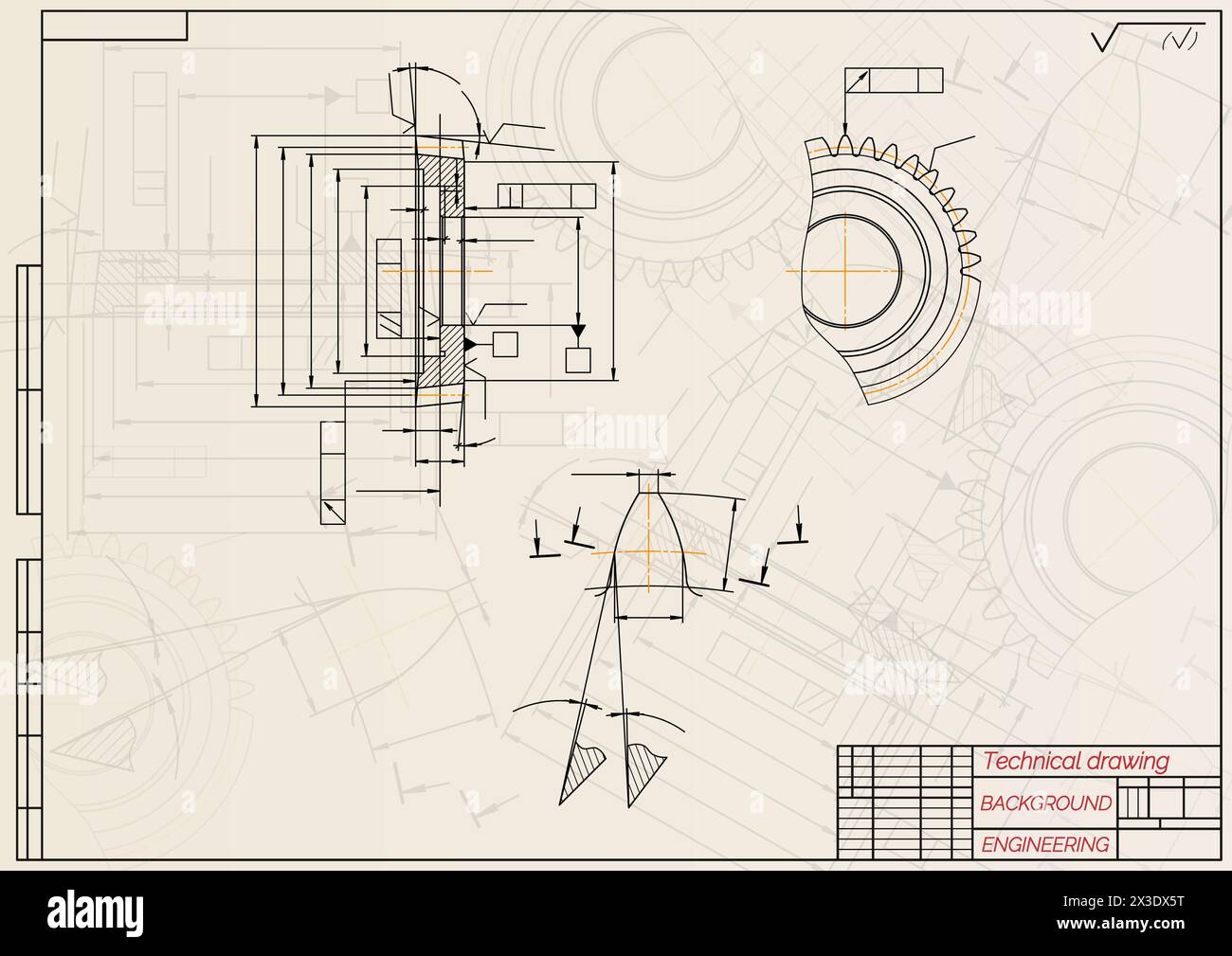 Mechanical engineering drawings on light background. Gear cutting tool ...