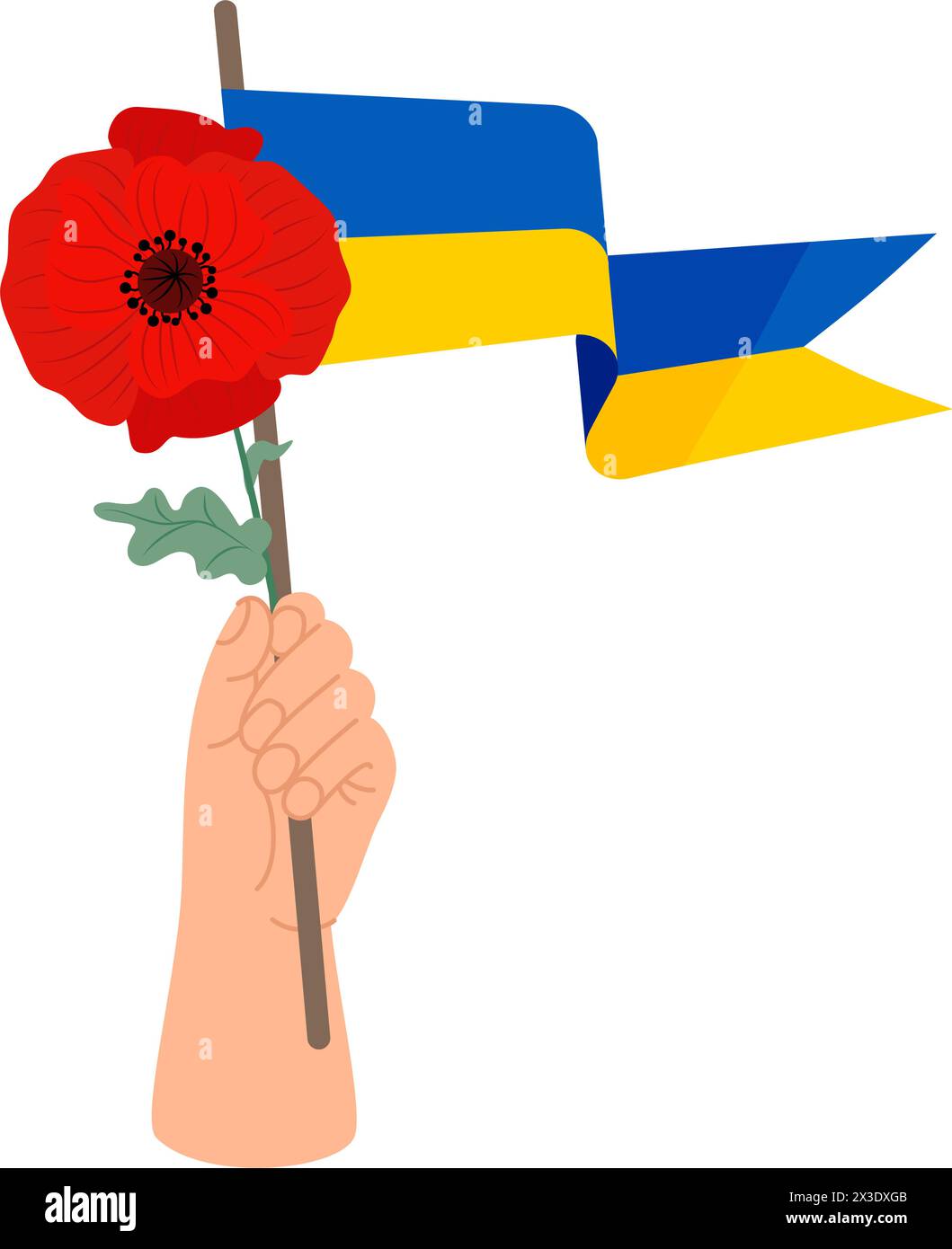 Hand with Ukrainian flag and red poppy flower. Vector illustration in ...