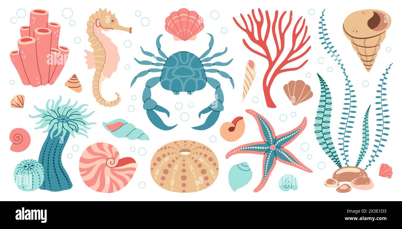 Hand drawn cartoon sea life elements set. Aquatic animals, anemones ...
