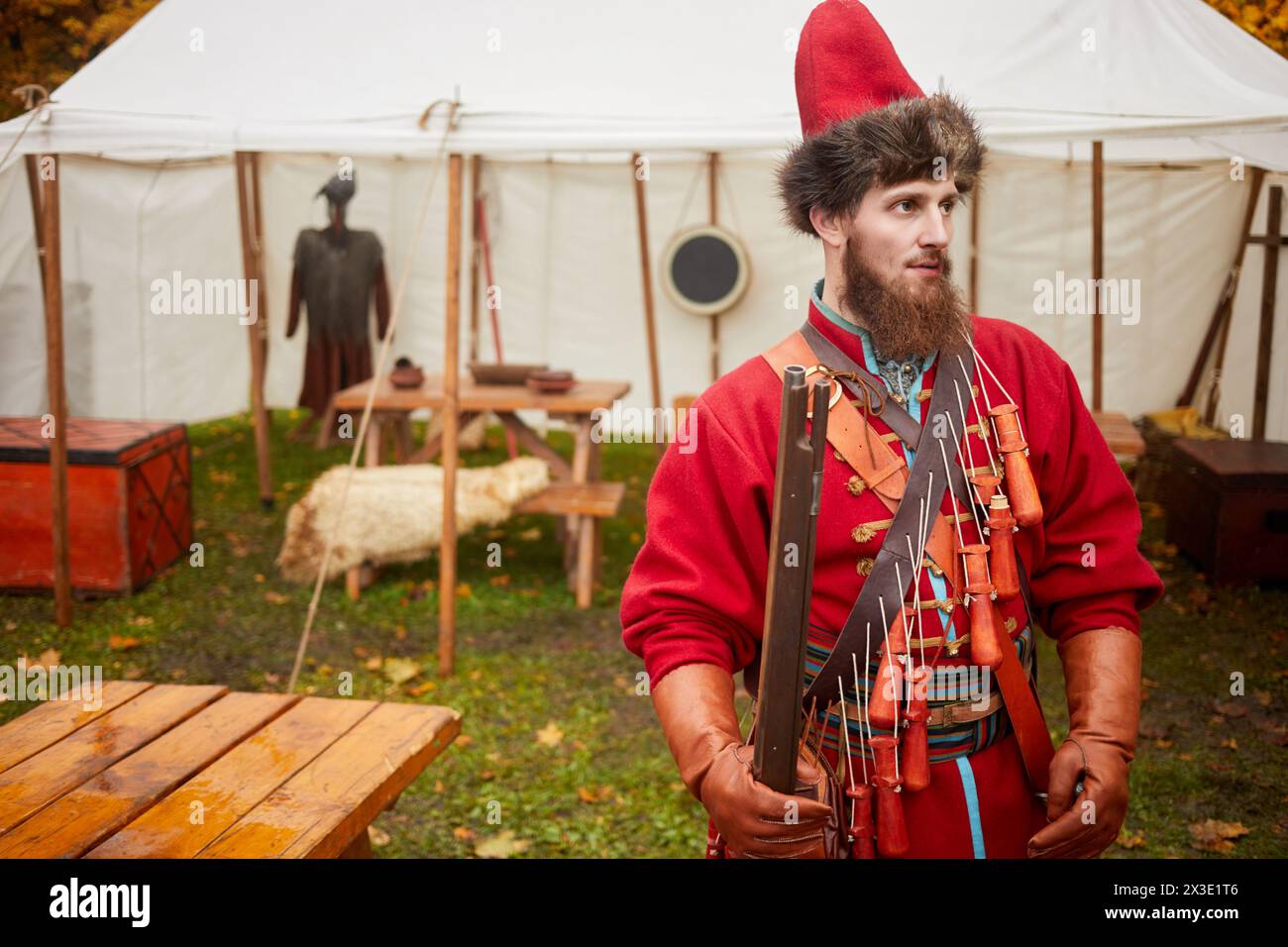 Russian strelets (shooter) with musket during historical reconstruction ...