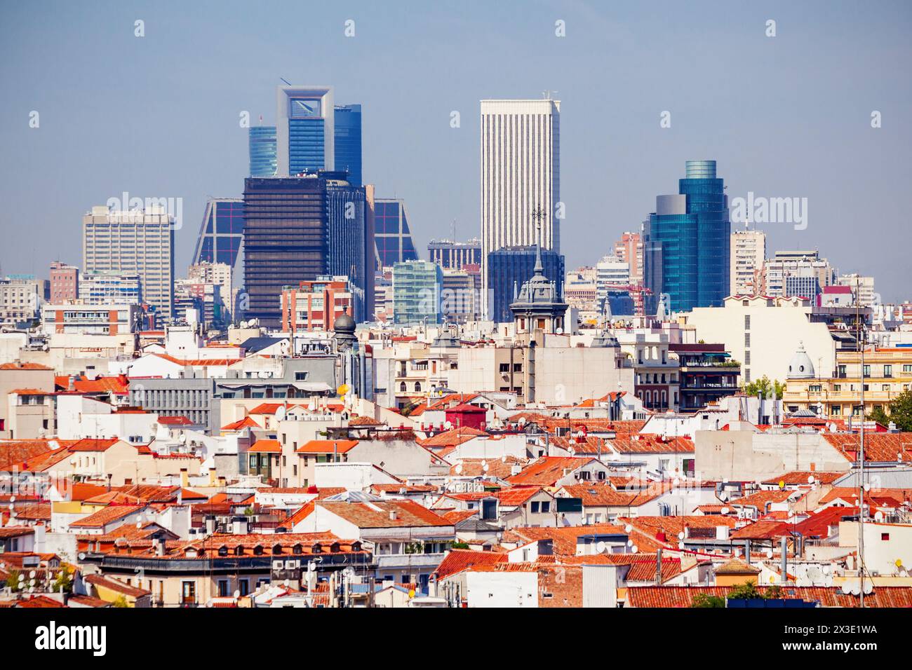 Aerial panoramic view of business districts of AZCA and CTBA in Madrid ...