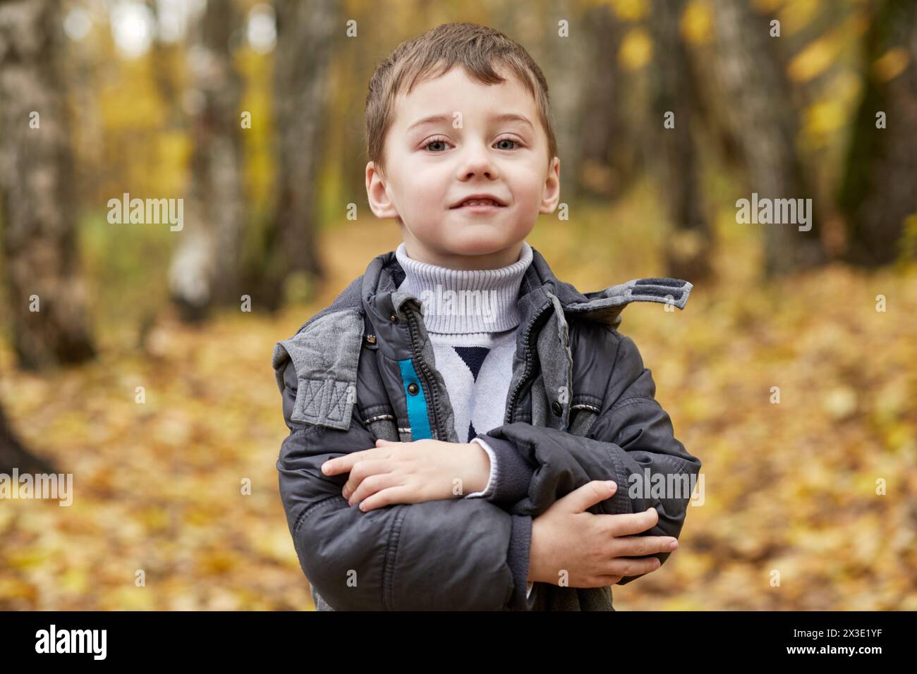 Portrait of little boy who stands in autumn park with his hands folded ...