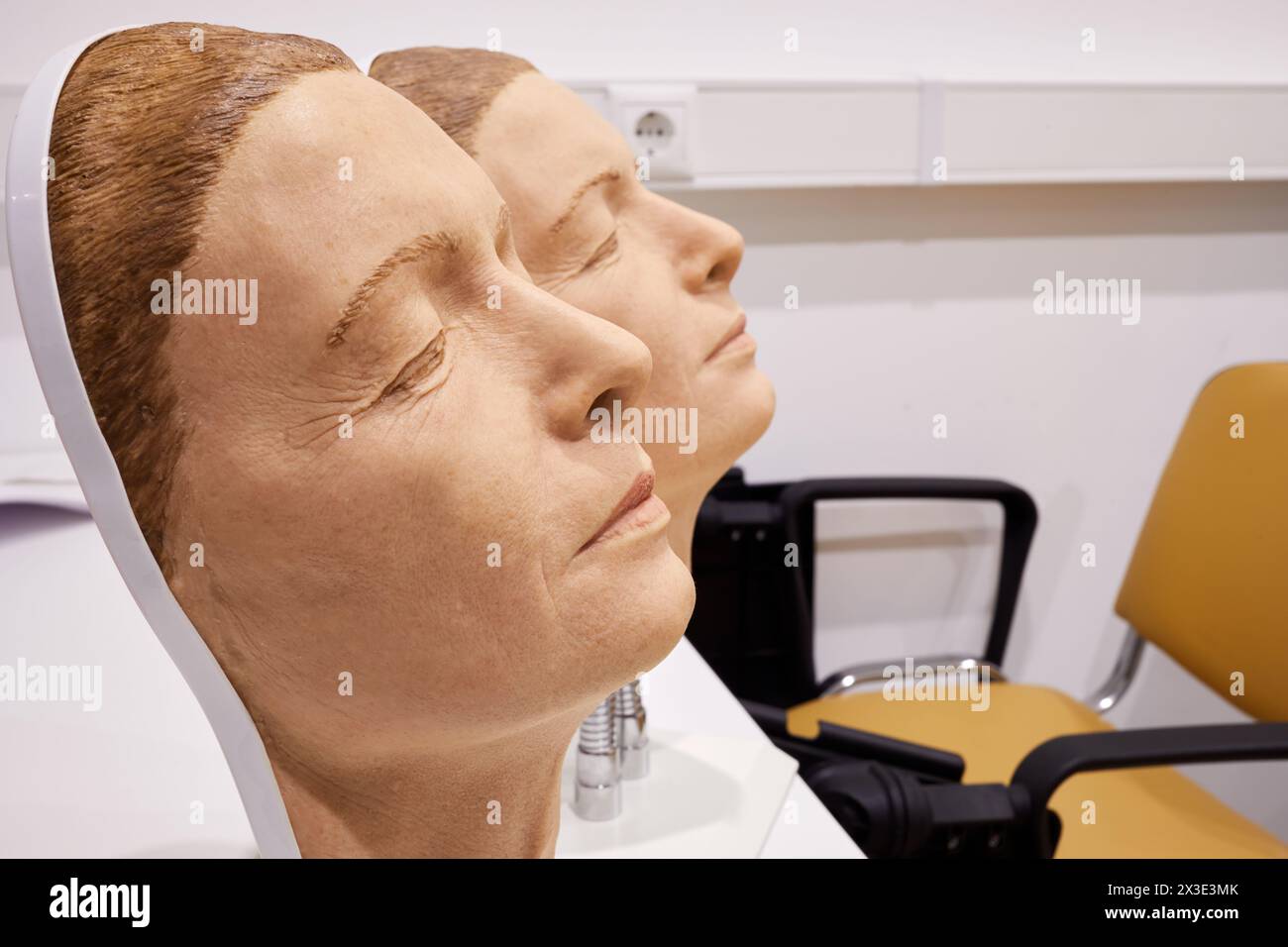 Two plastic masks imitating aged woman face, attached to stand on table ...