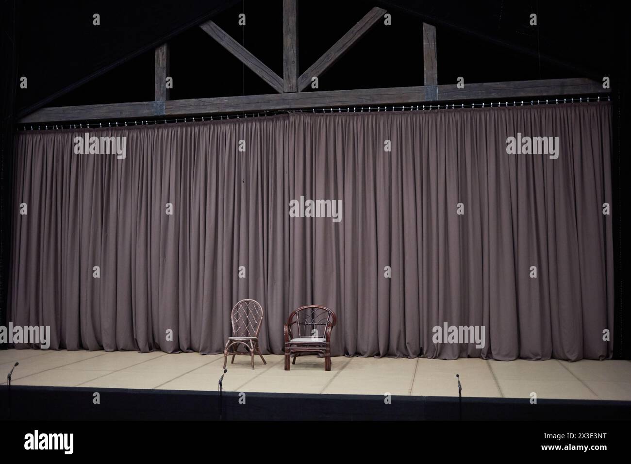 Stage in theatre with curtain. chair, armchair, microphones Stock Photo ...
