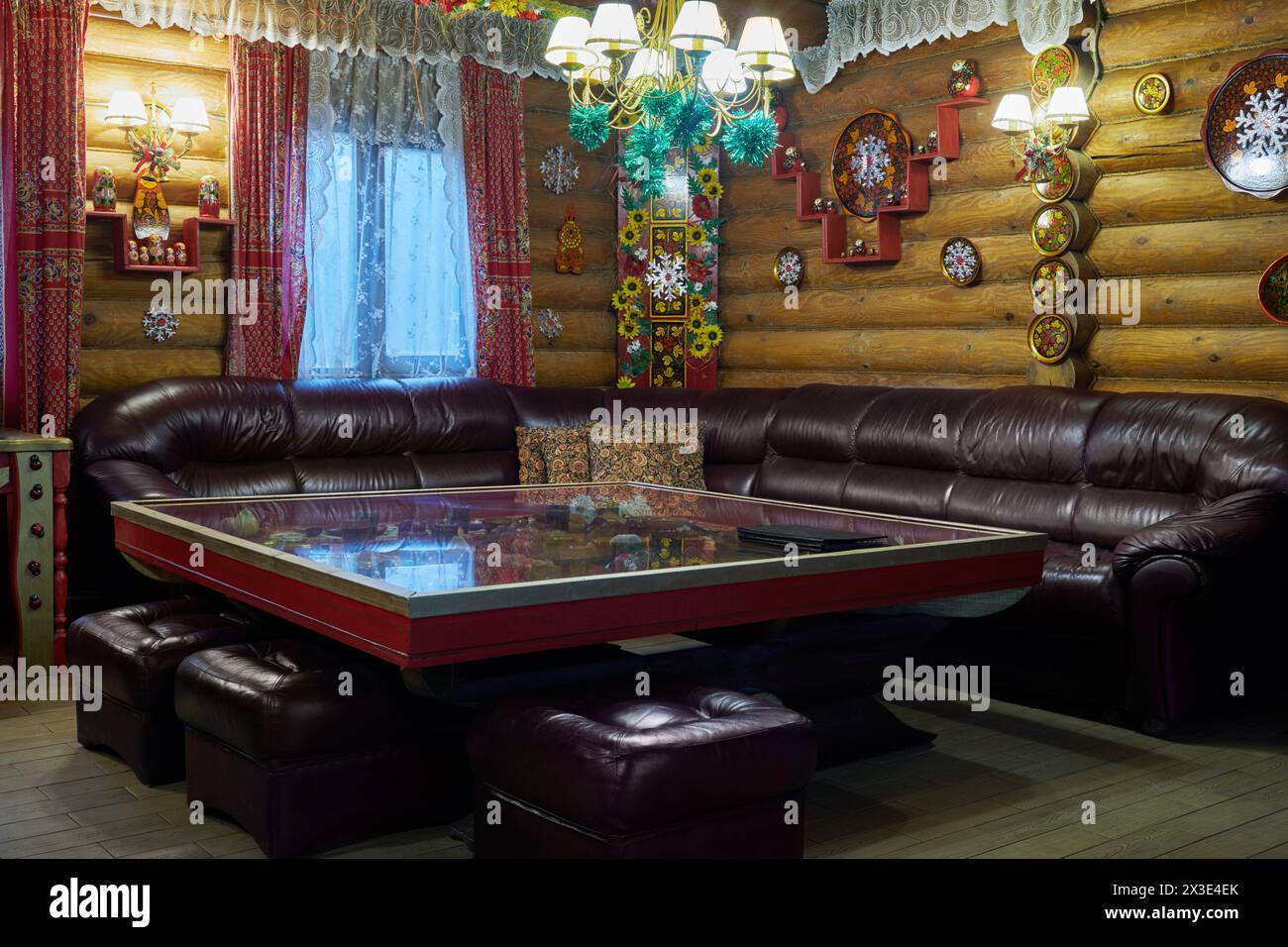 MOSCOW, RUSSIA - JAN 2, 2018: Interior of relax room of blockhouse ...