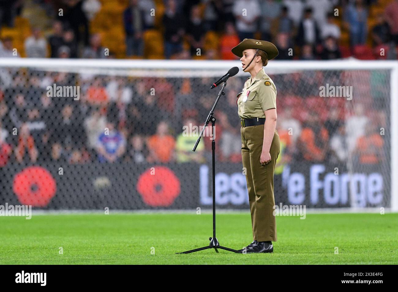 Pre game ANZAC Ceremony singing of the Australian national anthem at ...