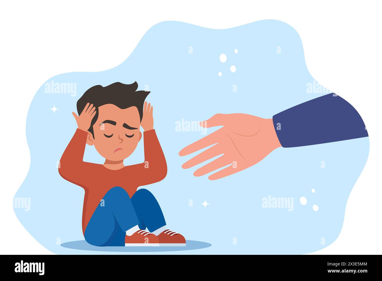 Human hand helps unhappy and sad kid in depression sitting. Mental ...